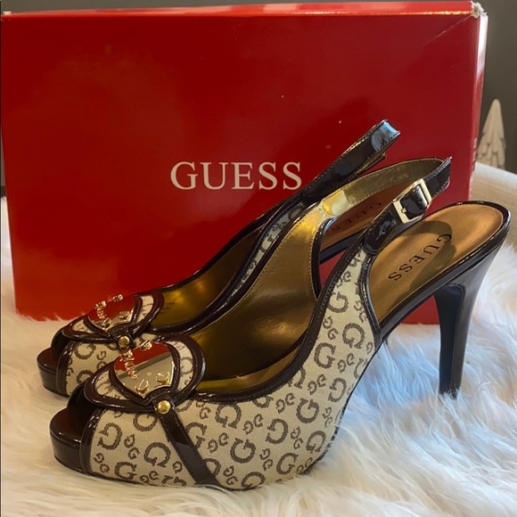 Guess | Shoes | Guess Monogram Logo Peep Toe Sling Back Heels 9 | Poshmark
